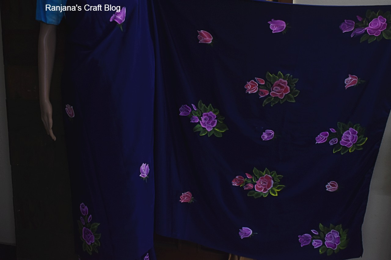A Royal Navy Blue Handpainted Saree with Roses - Ranjana's Craft Blog